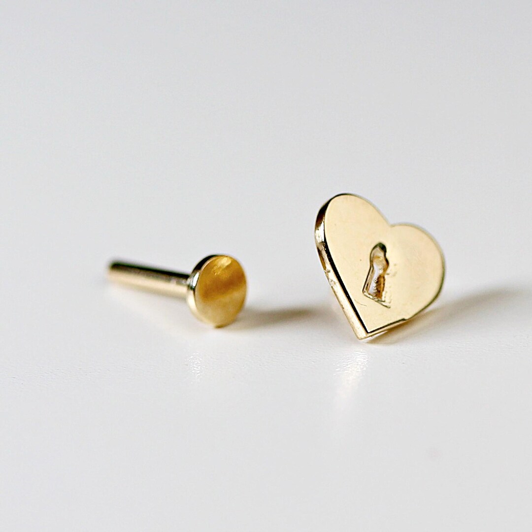Padlock Heart Flat Back Cartilage Earrings 14k Solid Gold Internally ...