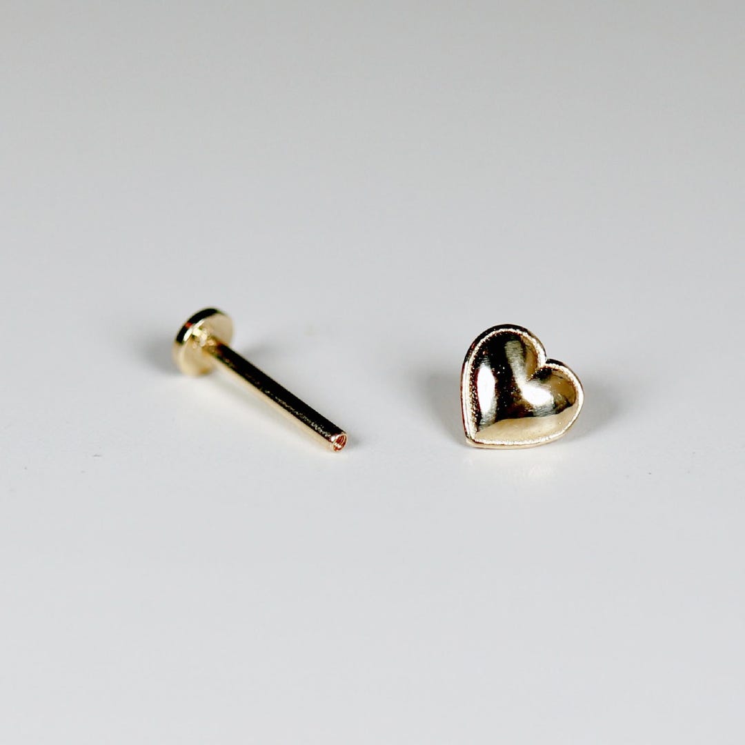 Heart Flat Back Earrings 14k Solid Gold, Heart Ear Piercing, Internally ...