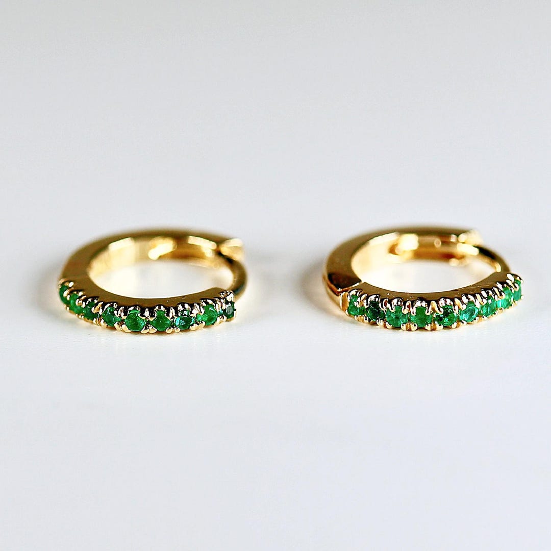Mini Emerald Earrings 14k Gold, 10 Mm Emerald Huggies Hoop Earrings ...