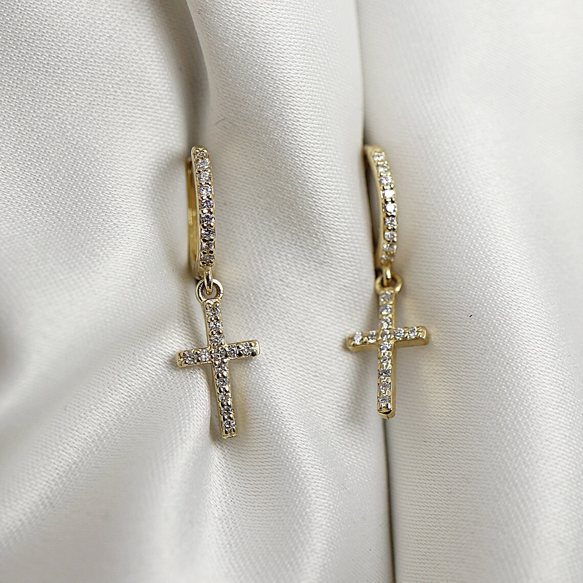 Diamond Cross Earrings 14k Solid Gold Gold Christian Earrings - Etsy