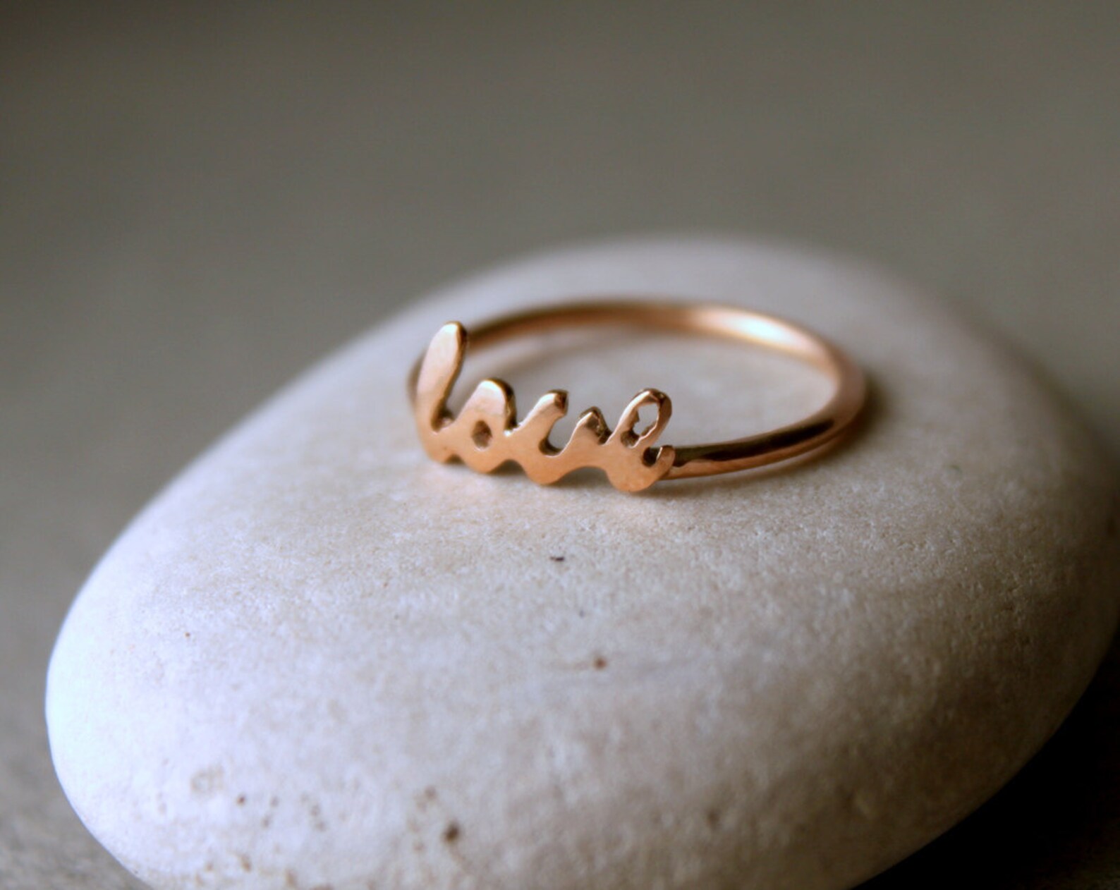 14k Gold Love Ring, Romantic Gift for Her, Solid Rose Gold Ring, Script ...