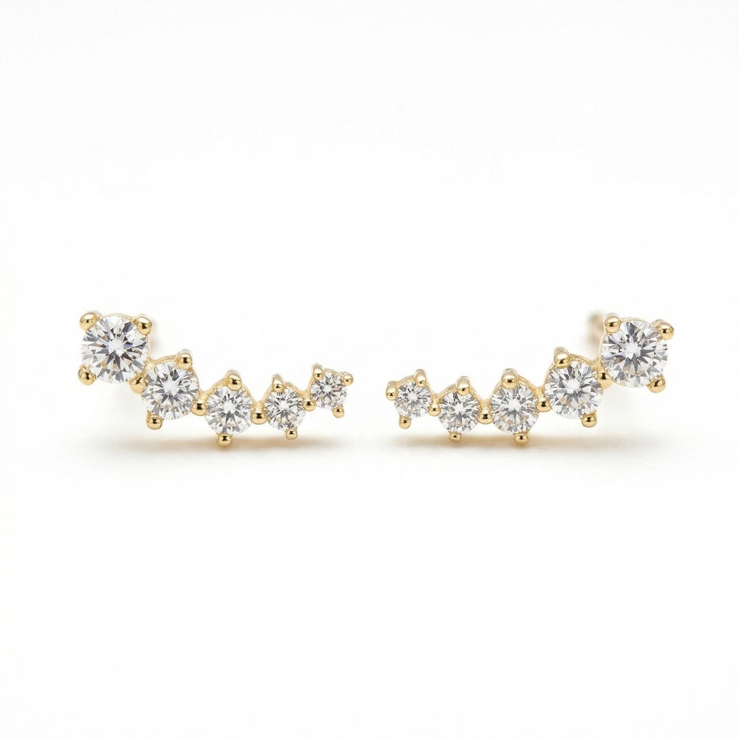 Cluster Ear Crawler Earrings 14k Solid Gold, CZ Five Stone Ear Climber ...