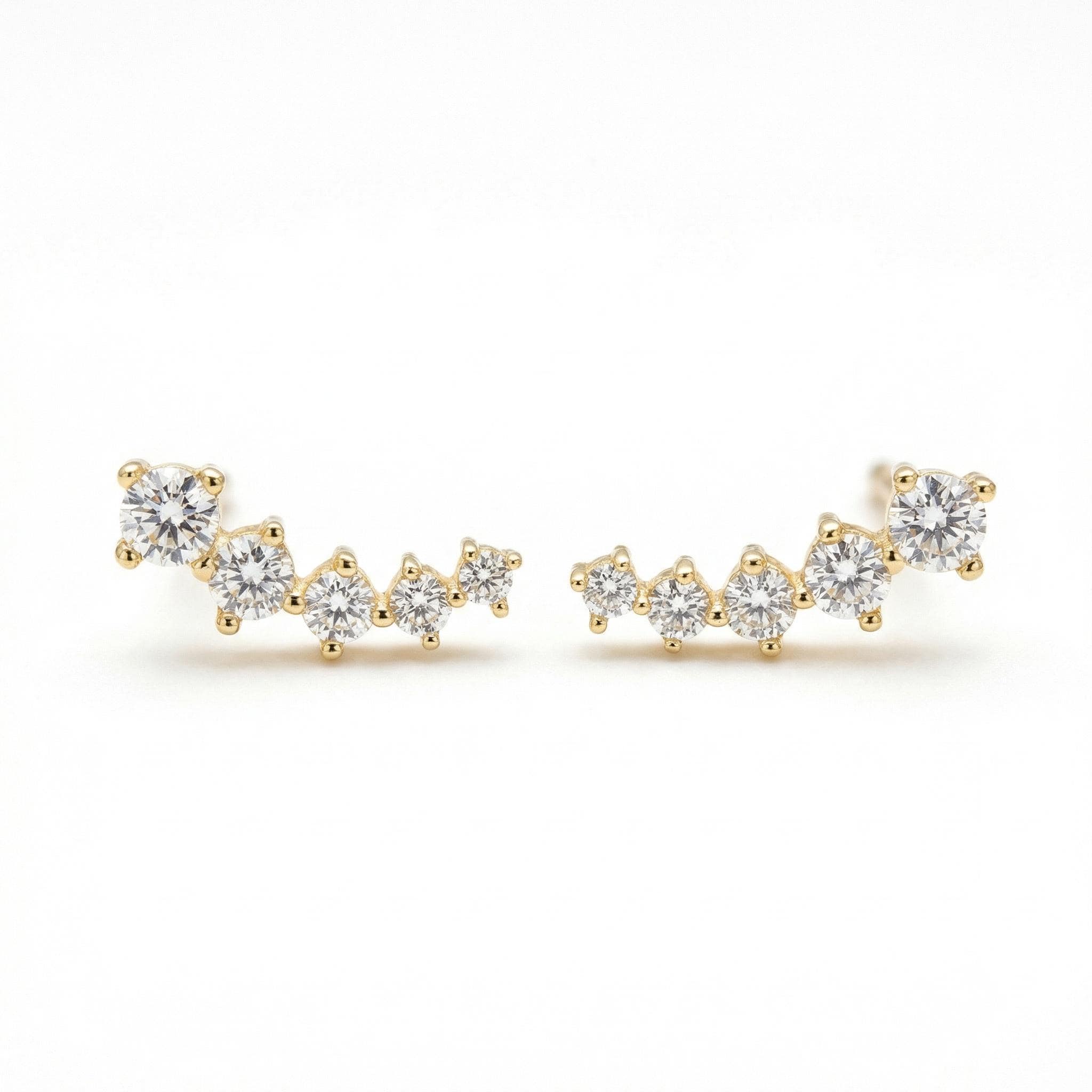 Cluster Ear Crawler Earrings 14k Solid Gold, CZ Five Stone Ear Climber ...