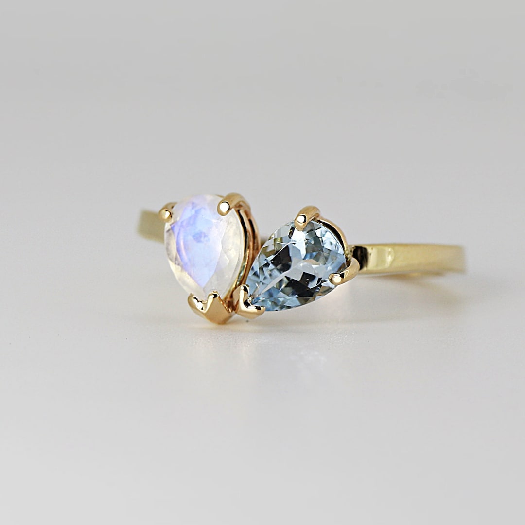 Toi Et Moi Ring 14k Gold, Two Stone Ring, Moonstone and Aquamarine ...