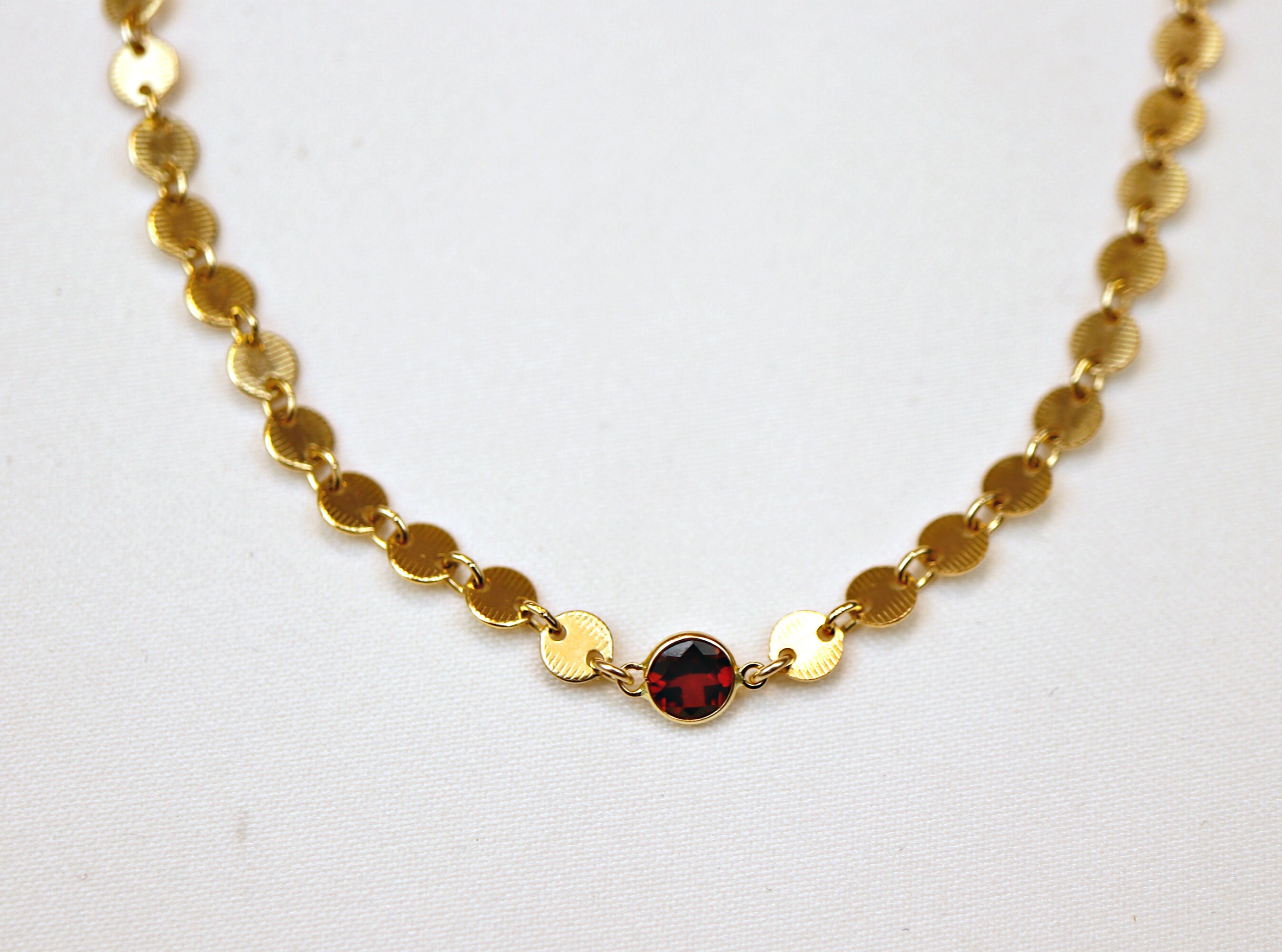 Gold Coin Chain Garnet Necklace, Garnet Choker, Dainty Choker Necklace ...