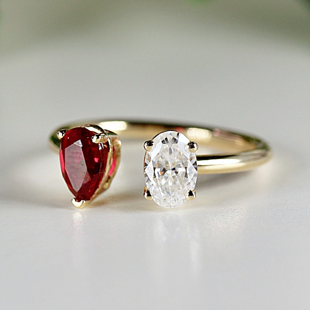 Toi Et Moi Ring 14k Gold Two Stone Ring, Moissanite & Ruby Engagement ...