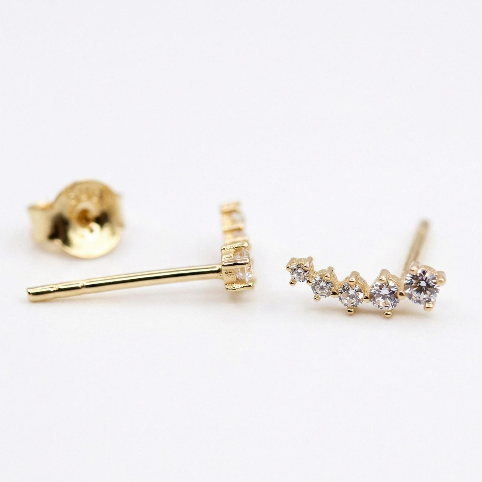 Cluster Ear Crawler Earrings 14k Solid Gold, CZ Five Stone Ear Climber ...