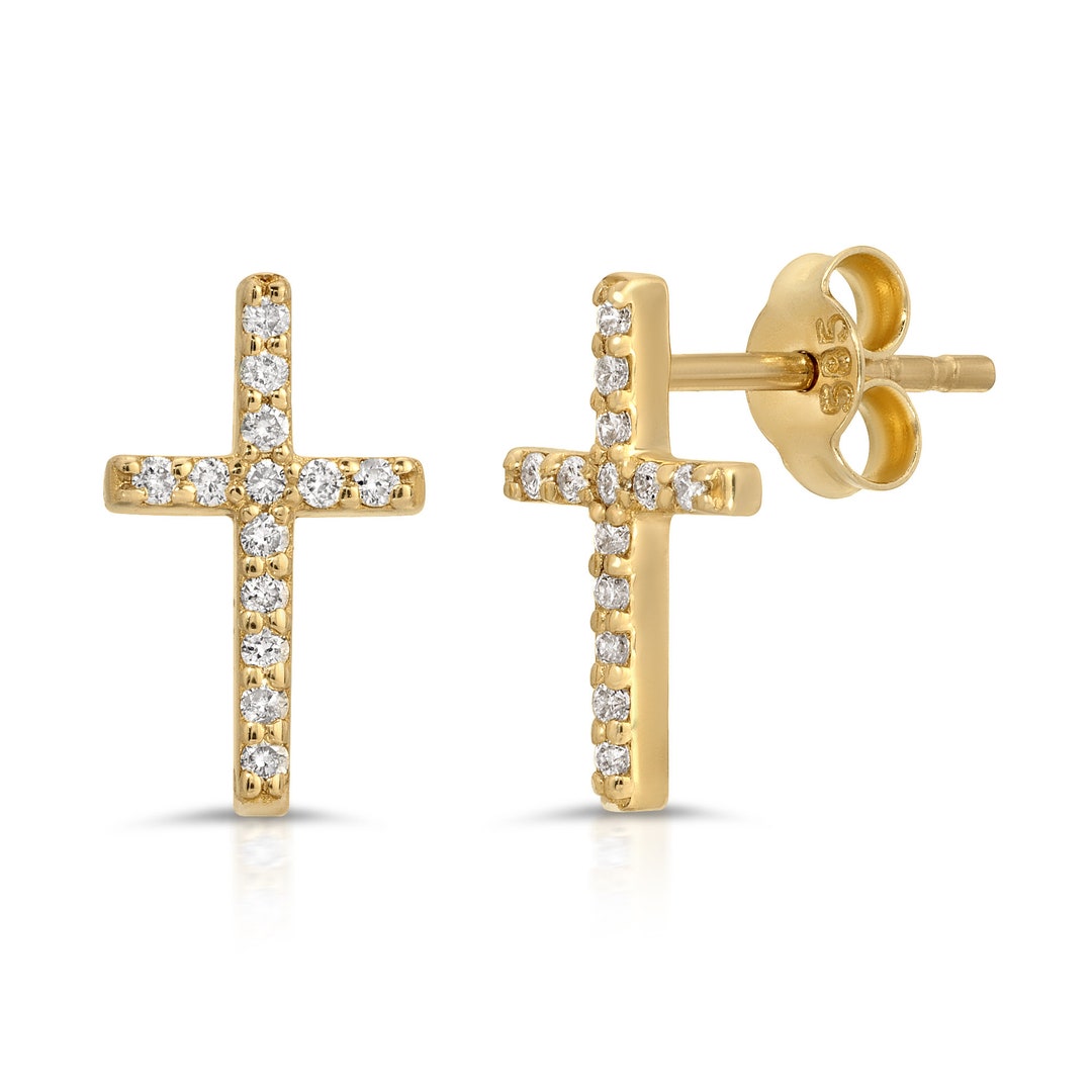 Diamond Cross Earrings 14k Gold, Dainty Cross Stud Earrings Genuine ...