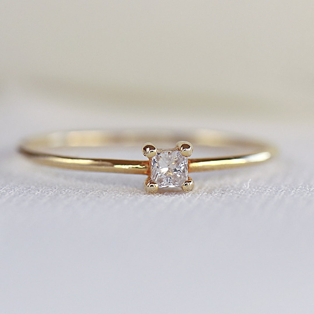 Dainty Diamond Ring 14k Gold, Tiny Diamond Stacking Ring, Princess Cut ...