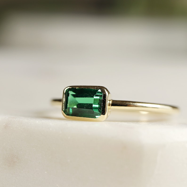 Bezel Set Emerald Ring Emerald Cut Emerald Ring East West - Etsy