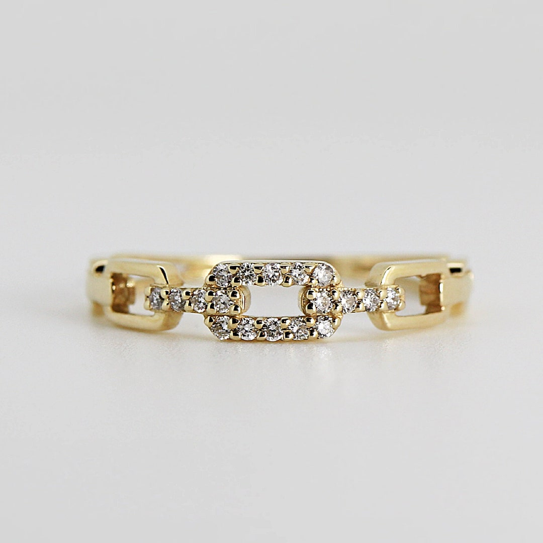 14k Solid Gold Diamond Chain Band Ring, Chain Link Ring, Rectangular ...