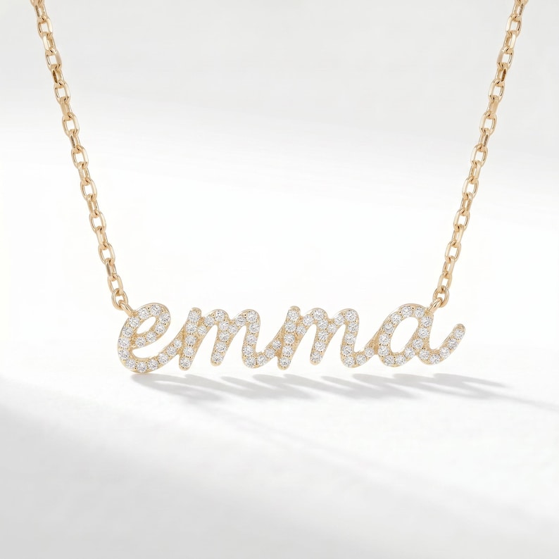 14k Gold Diamond Name Necklace, Custom Nameplate Necklace, Personalized ...