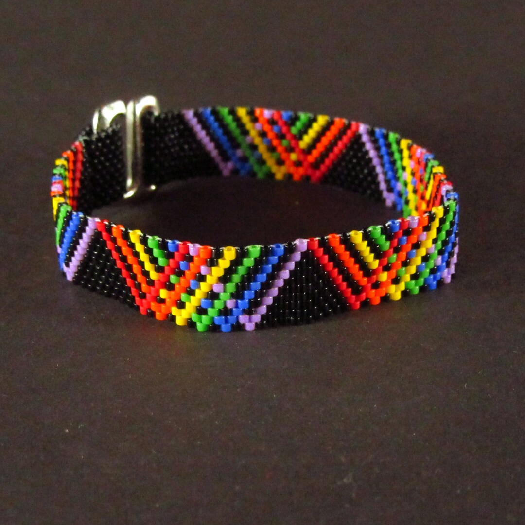 Rainbow V's Pride Peyote Stitch Narrow Ribbon Seedbeads Cuff Bracelet ...