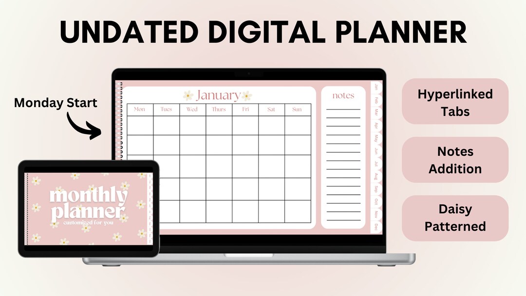 Daisy Patterned Digital Monthly Planner Hyperlinked Monthly Tabs ...