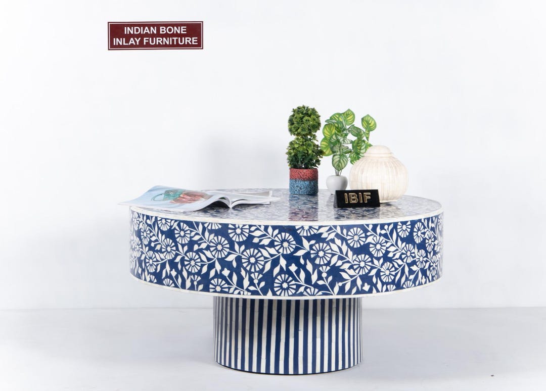 Sunflower Bone Inlay Round Coffee Table in Royal Blue Indian Bone Inlay ...