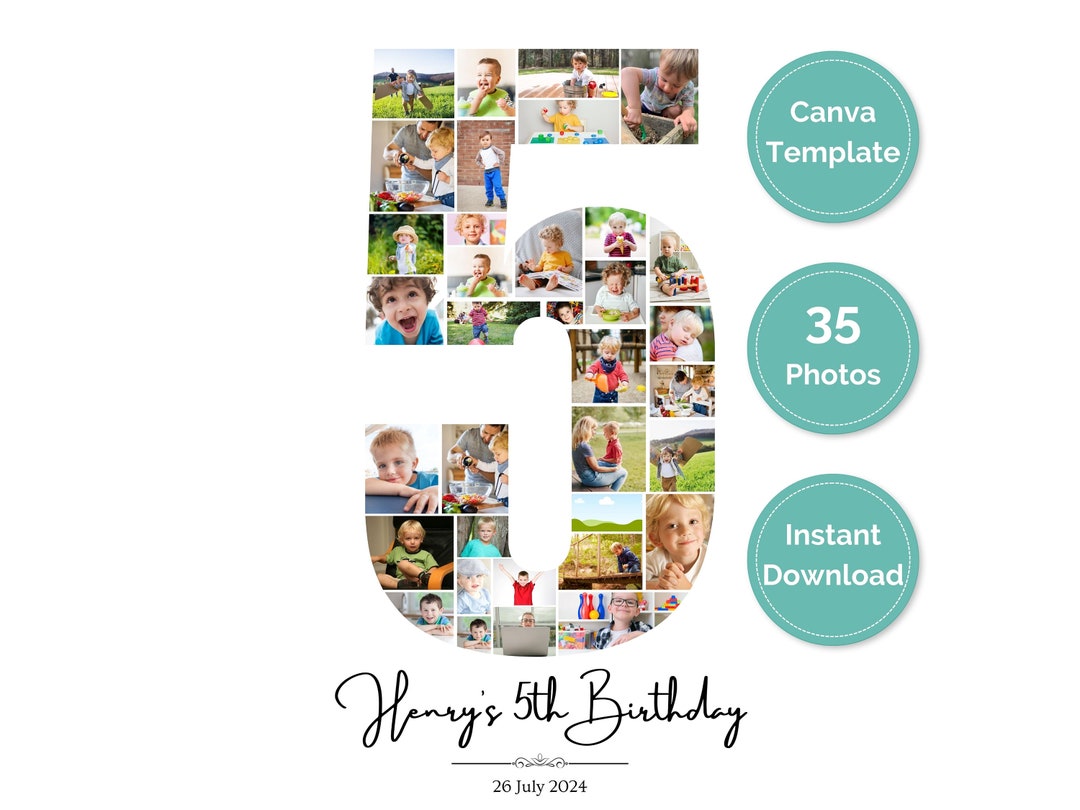 5th Birthday Photo Collage Canva Frame Template, Customizable Collage ...