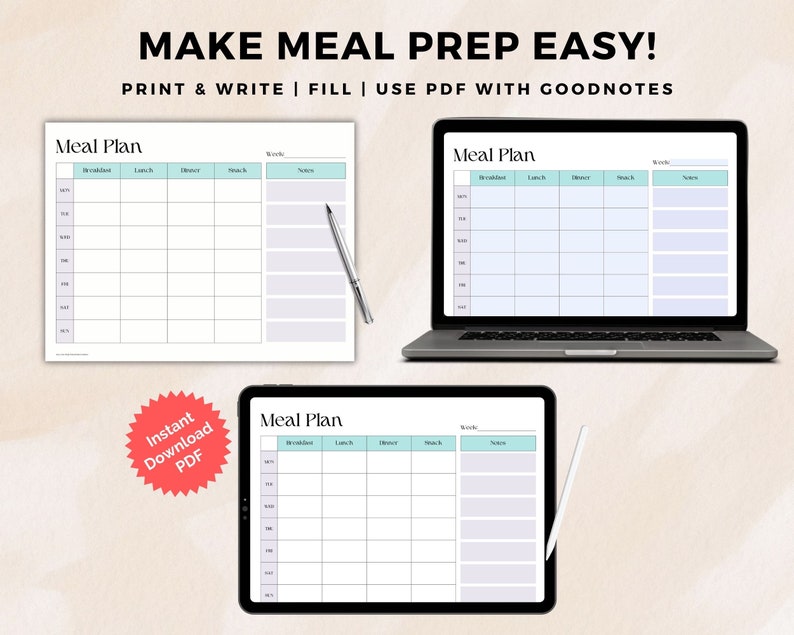 Organized Meal Planning Set, Grocery List and Meal Prep Template Bundle ...