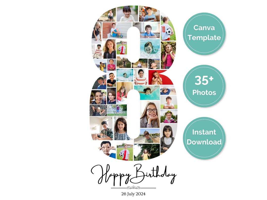 8th Birthday Photo Collage Canva Frame Template, Customizable Collage ...