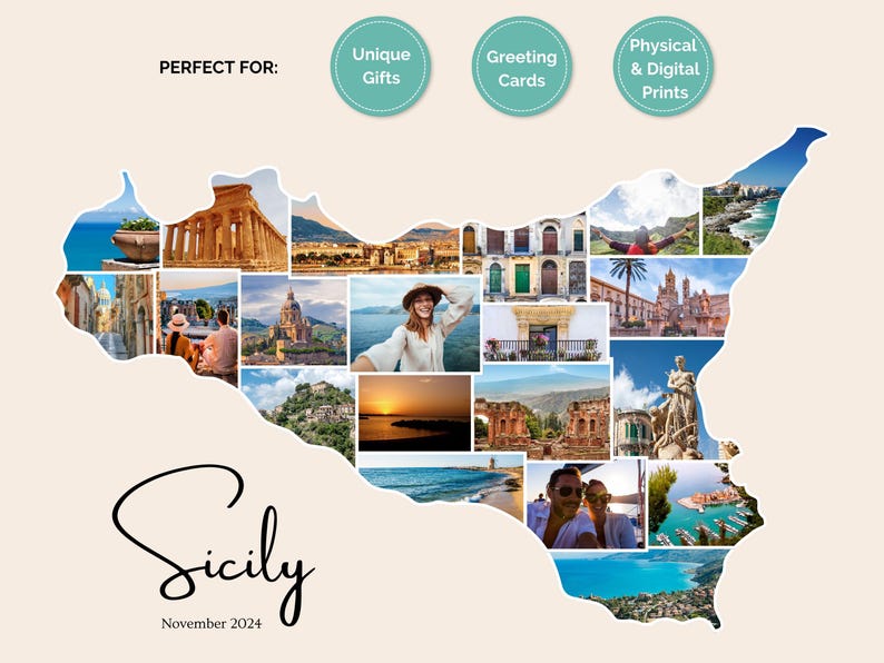 Sicily Italy Map Photo Collage Canva Template, Sicily Wall Art and ...