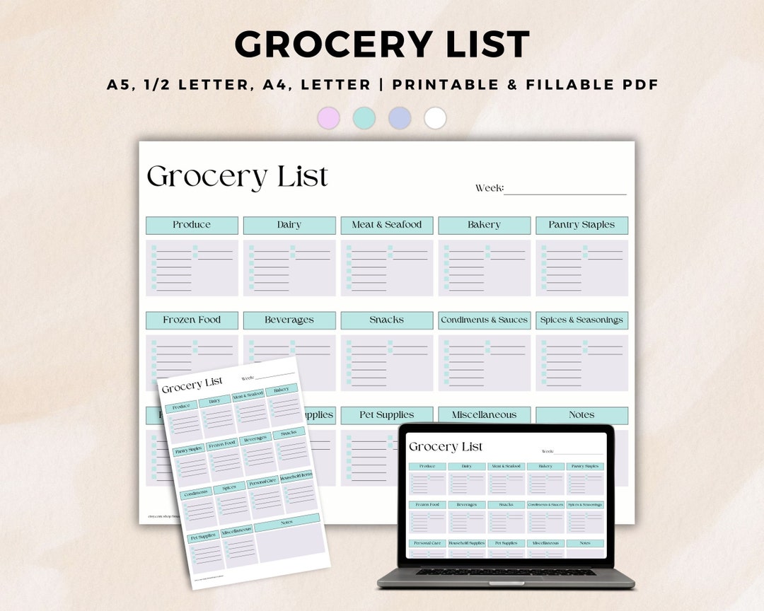 Food List, Grocery List Template and Checklist, Shopping List Printable ...