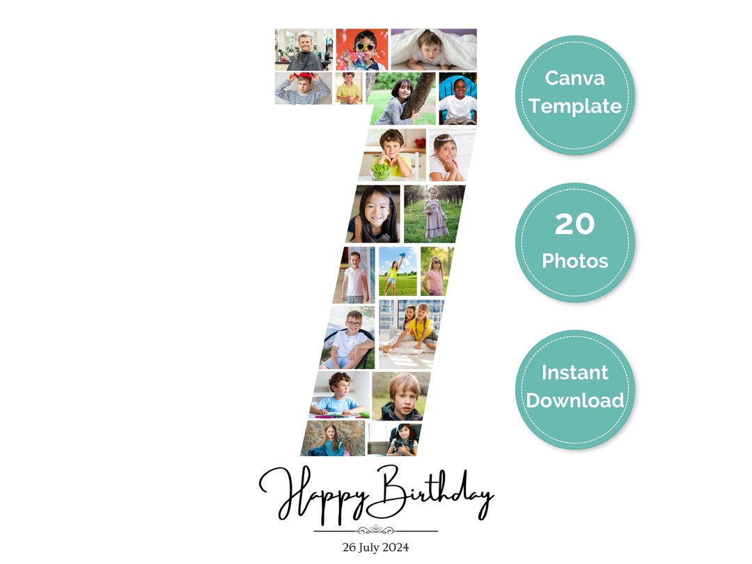 7th Birthday Photo Collage Canva Frame Template, Customizable Collage ...