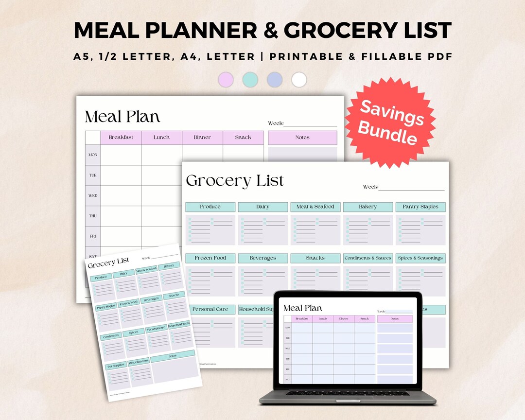 Organized Meal Planning Set, Grocery List and Meal Prep Template Bundle ...