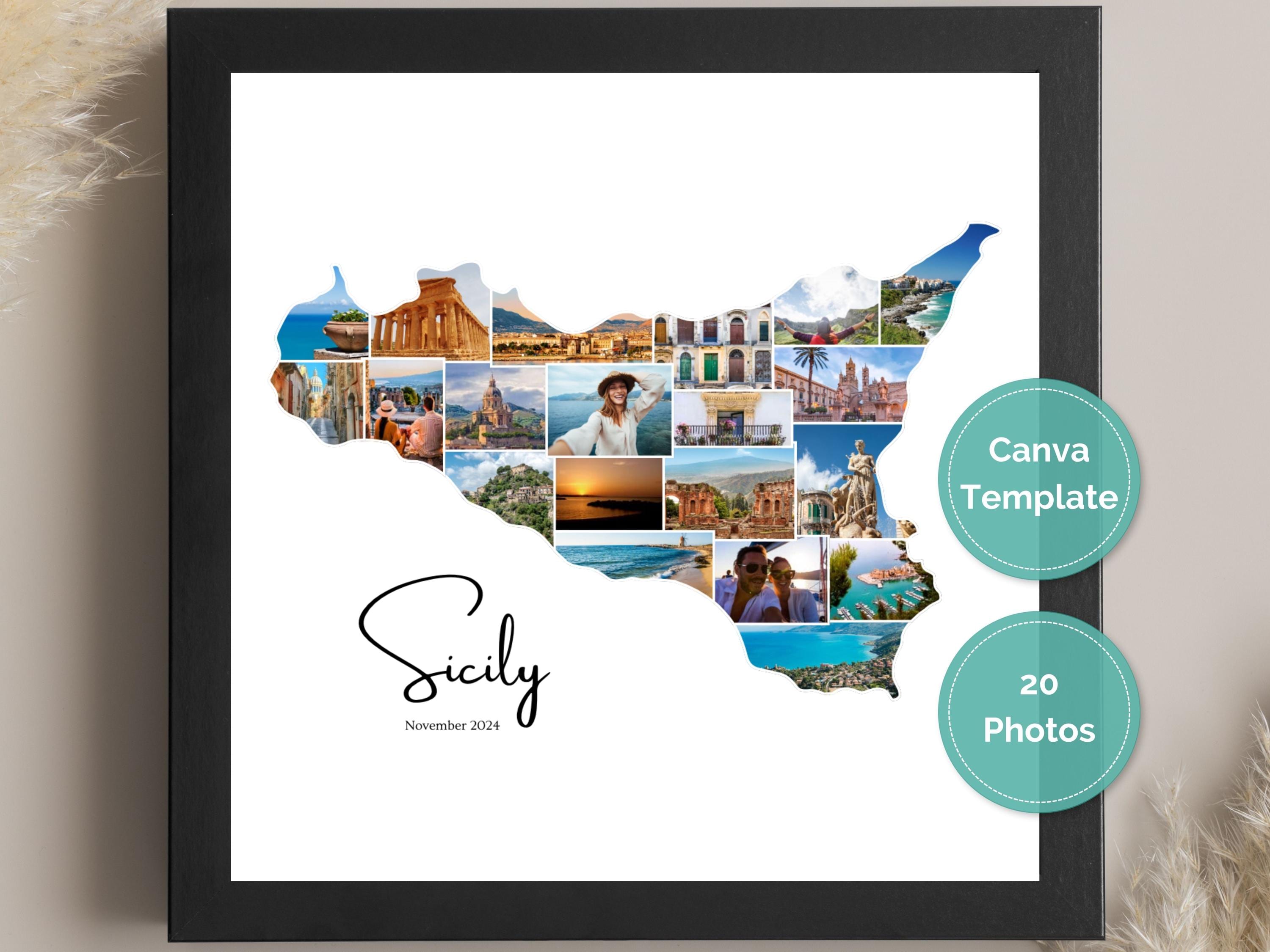 Sicily Italy Map Photo Collage Canva Template, Sicily Wall Art and ...