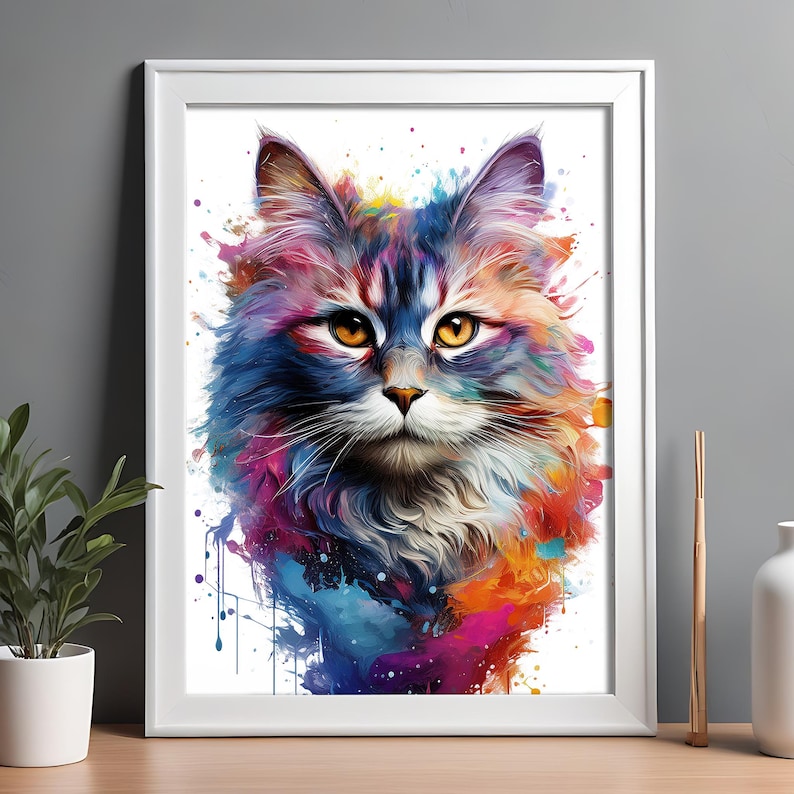 Siberian Cat Portrait - Digital Print Abstract Painting, Splatter Art, Ideal for Modern Wall ...