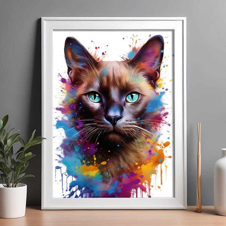 Burmese Cat Portrait - Digital Print Abstract Painting, Splatter Art, Ideal for Modern Wall ...