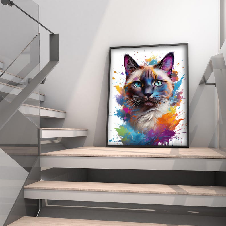 Siamese Cat Portrait - Digital Print Abstract Painting, Splatter Art ...