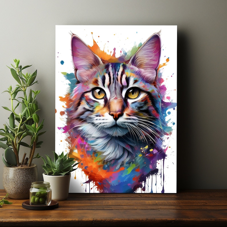 Tabby Cat Portrait Digital Print Splatter Art, Abstract Painting, Ideal for Modern Wall Decor ...