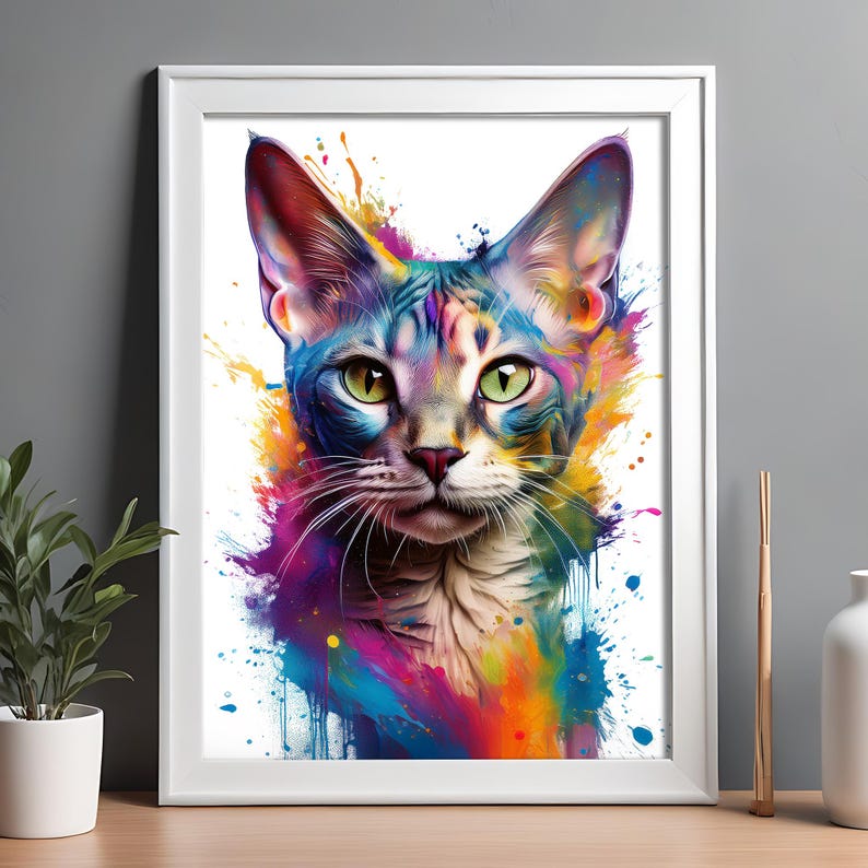Devon Rex Cat Portrait - Digital Print Abstract Painting, Splatter Art, Ideal for Modern Wall ...