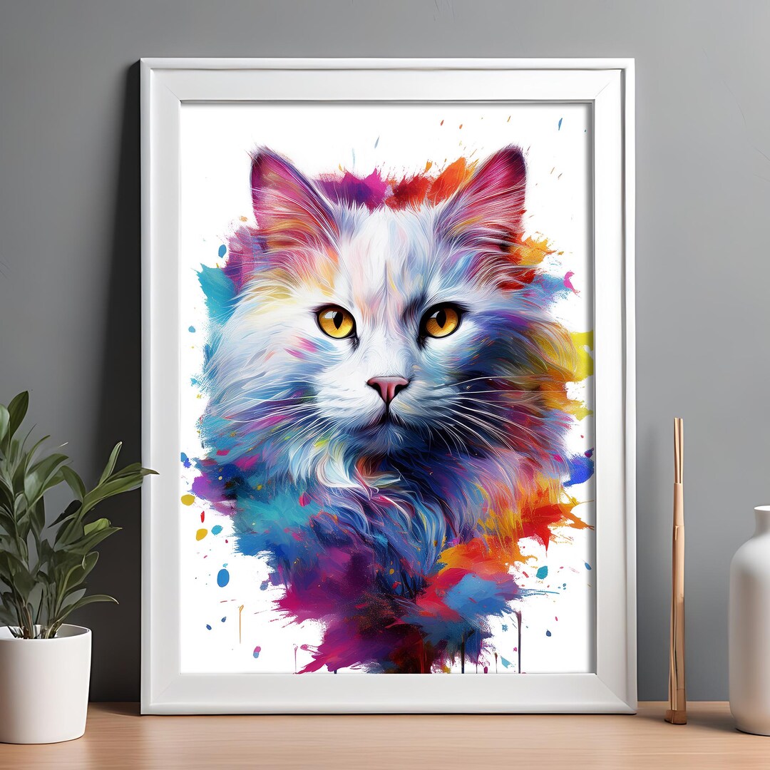 Turkish Angora Cat Portrait - Digital Print Splatter Art, Abstract ...