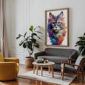 Siberian Cat Portrait - Digital Print Abstract Painting, Splatter Art, Ideal for Modern Wall ...