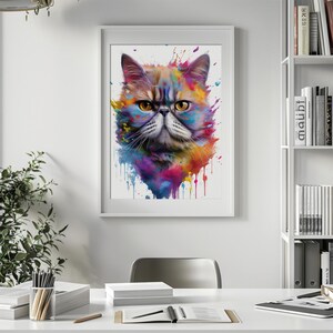 Exotic Shorthair Cat Portrait - Digital Print Abstract Painting, Splatter Art, Ideal for Modern ...
