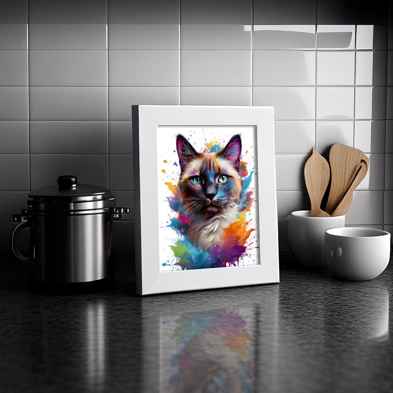 Siamese Cat Portrait - Digital Print Abstract Painting, Splatter Art ...
