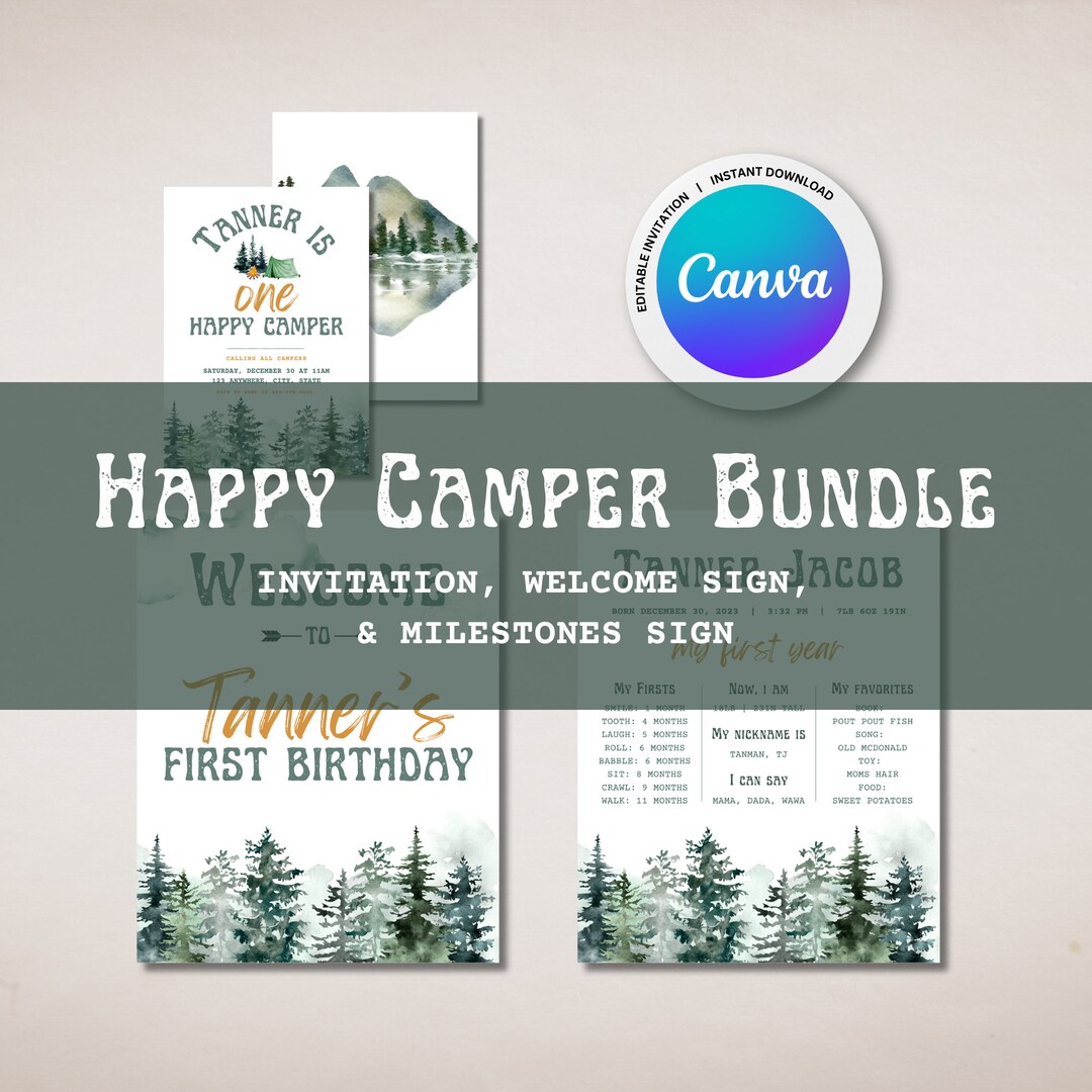 One Happy Camper Birthday Bundle | Instant Download Template ...