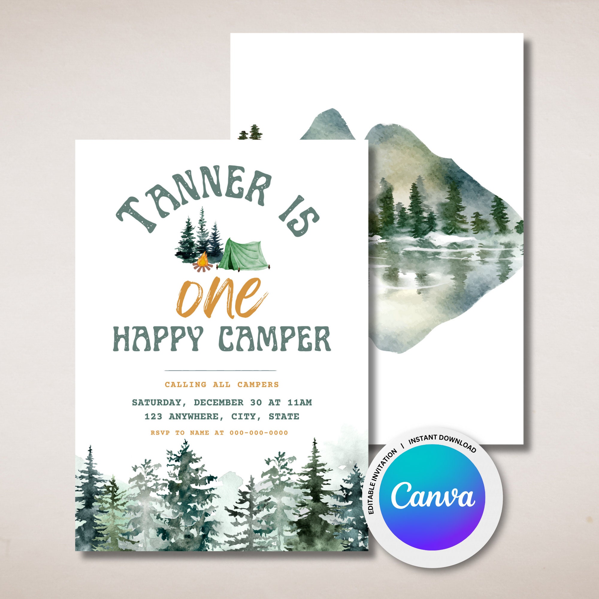 One Happy Camper Birthday Invitation Template 1st Birthday One Year Old First Baby Outdoor ...