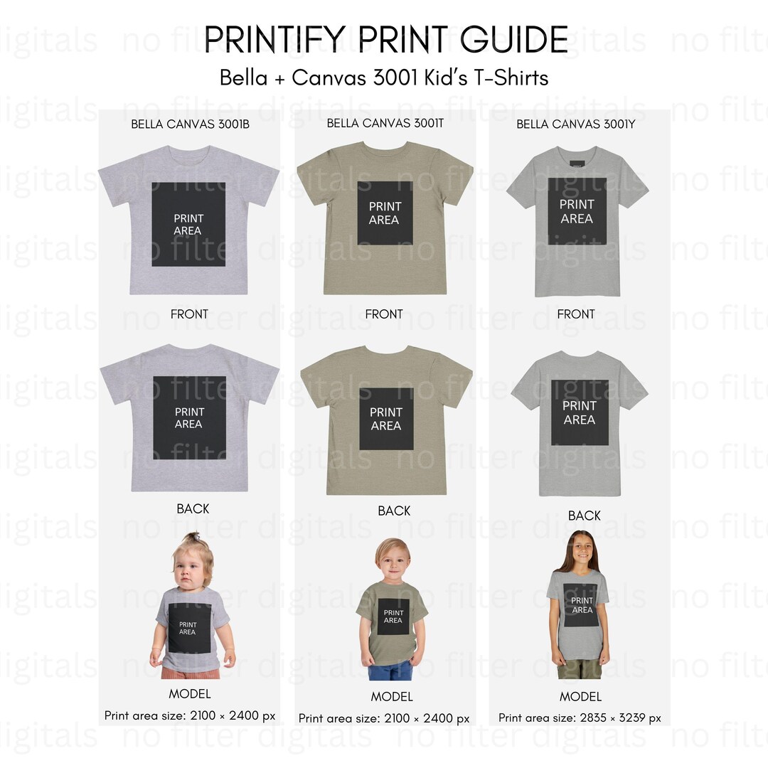 Print Area Size Guide for Printify 3001B, 3001T, 3001Y, Print Area Size ...
