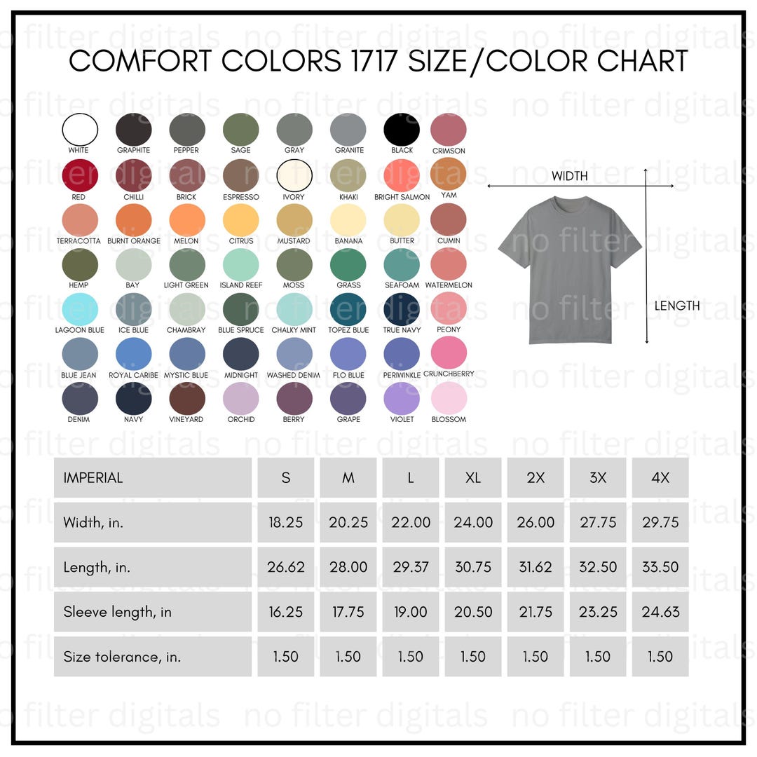 Comfort Colors 1717 Minimalist Style Size Chart and Color Chart Combo ...