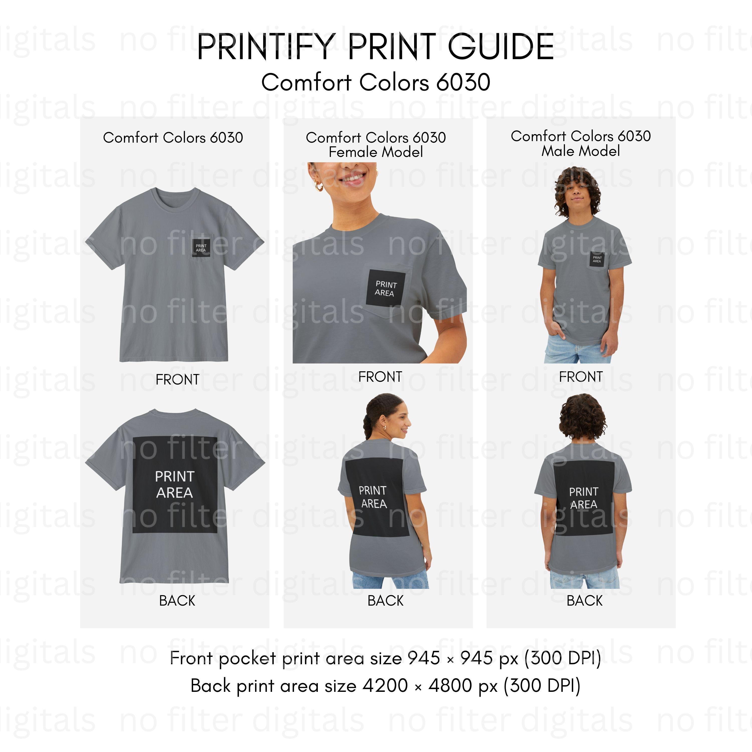 Print Area Size Guide for Printify Comfort Colors 6030 Pocket T-shirt ...