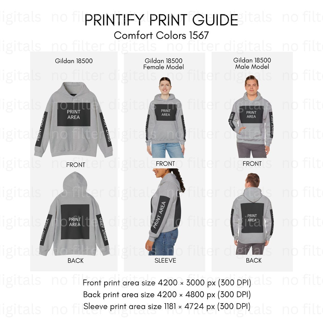 Print Area Size Guide for Printify Comfort Colors 1567 Hoodie Print ...