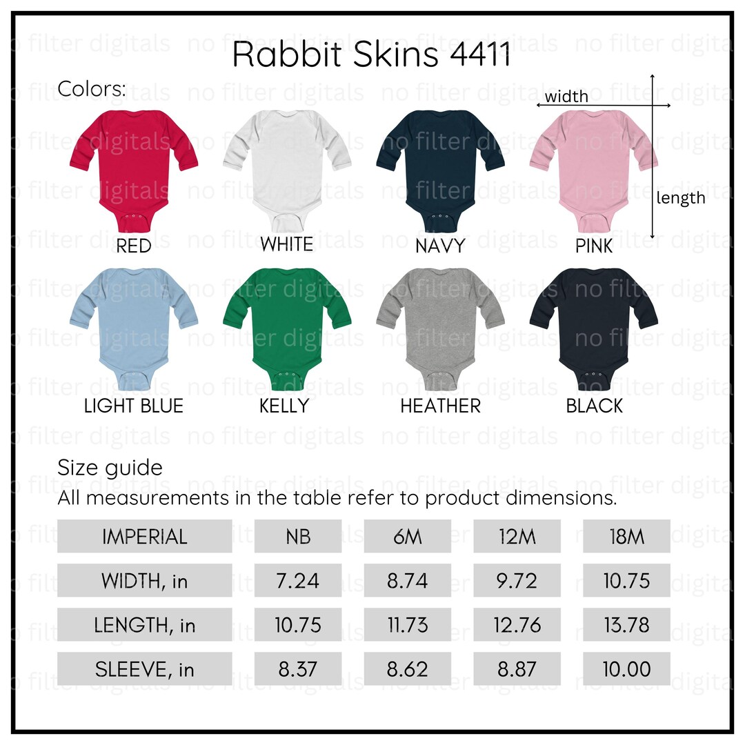 Rabbit Skins 4411 Baby Bodysuit Size Chart Color Chart Mockup Kids Size ...