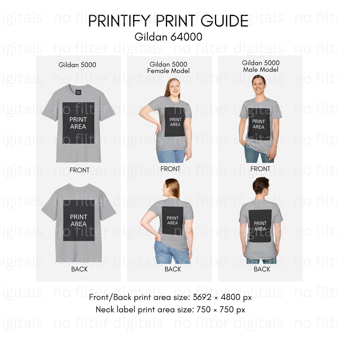 Print Area Size Guide for Printify Gildan 64000 T-shirt Print Area Size ...