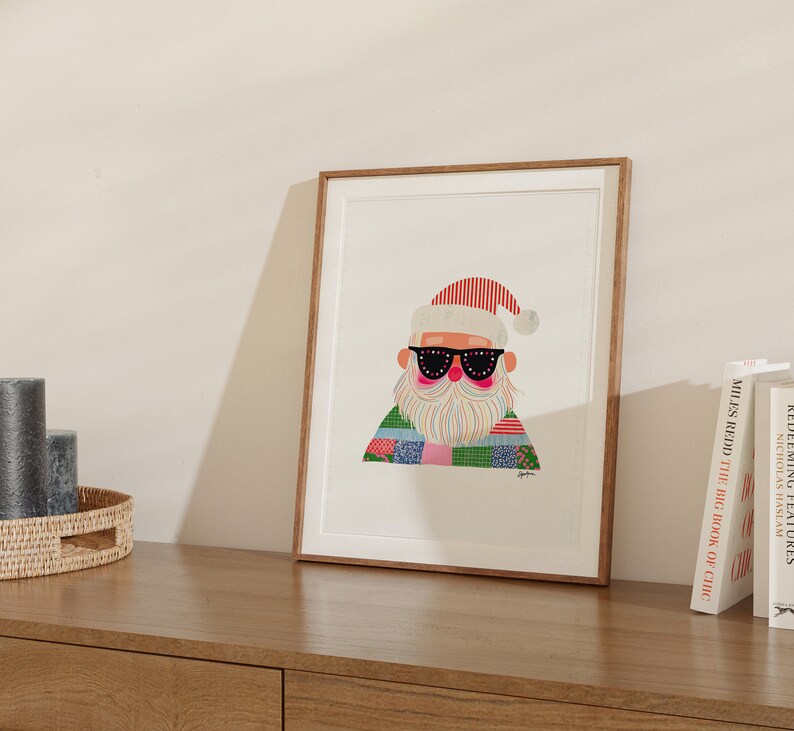 Quirky Preppy Santa Art Print, Santa With Sunglasses Digital Download ...
