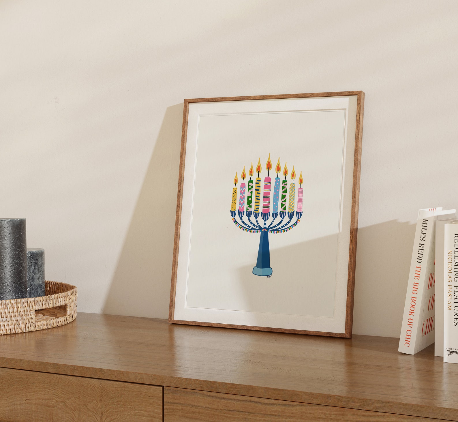 Colorful Menorah Art Print, Quirky Preppy Hanukkah Décor, Digital ...