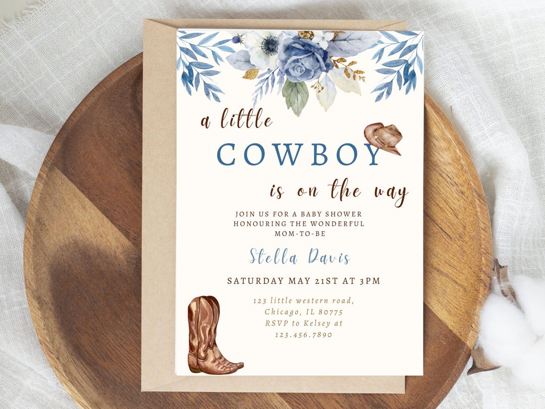 Editable Floral Cowboy Baby Shower Invitation, Blue Floral Cowboy Baby ...