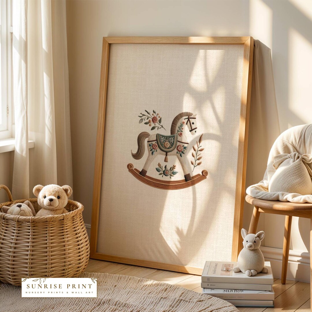 Embroidered Rocking Horse Nursery Wall Art Farmhouse Kids Room Decor ...