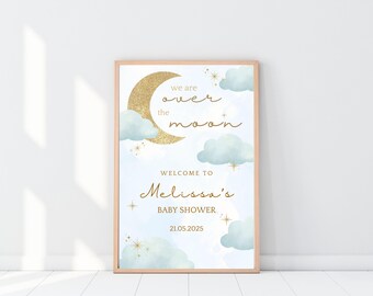 Editable Over the Moon Blue Baby Shower Welcome Sign, Blue Moon Stars ...