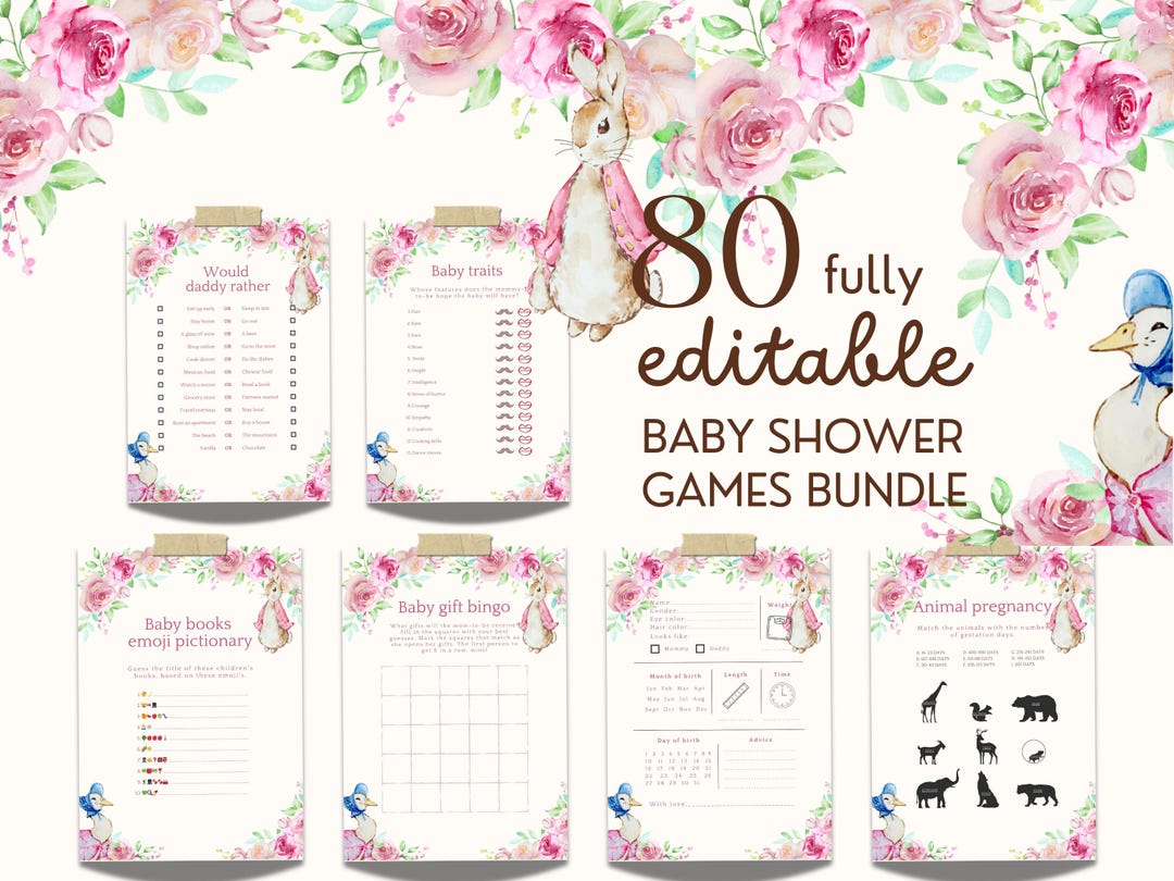 Editable Peter Rabbit Baby Shower Game Bundle, Pink Peter Rabbit Baby ...